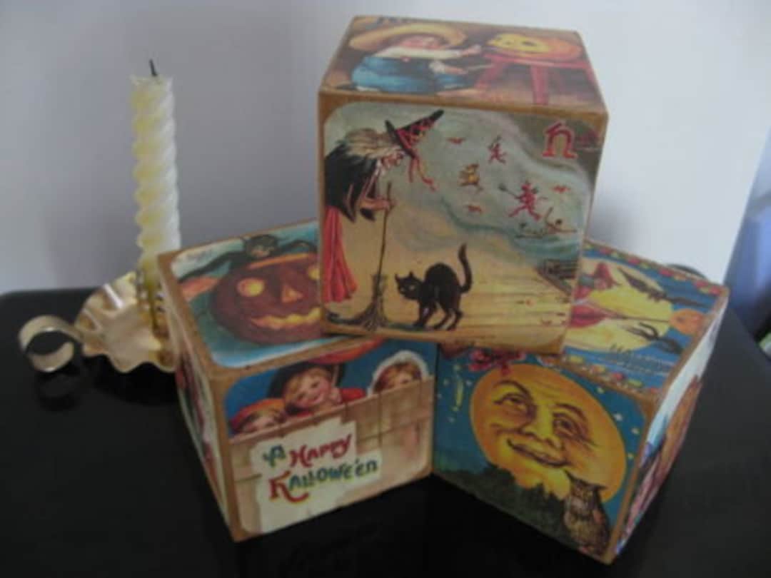Primitive Vintage Halloween Wooden Blocks Set of 3 Witches Jack O ...