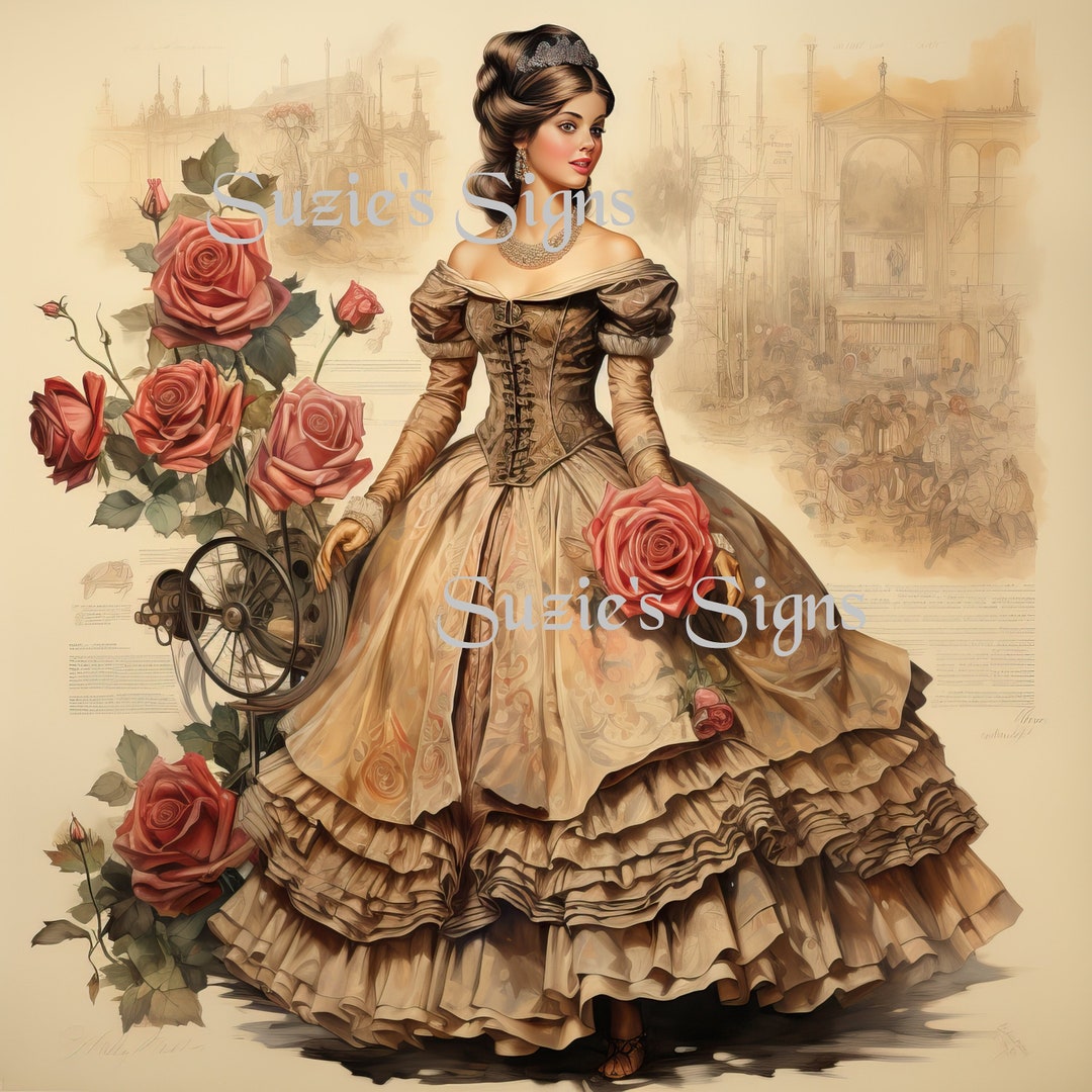 Fabric Block Victorian Woman Beautiful Dress and Roses Colorful 8.5" by ...