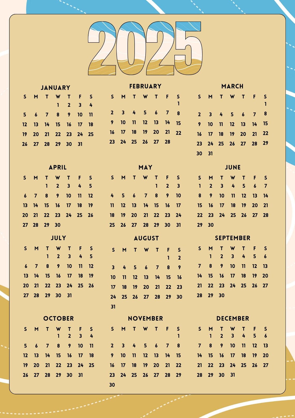 2025 Digital Download: 12-month Printable Calendar, Year at a Glance ...