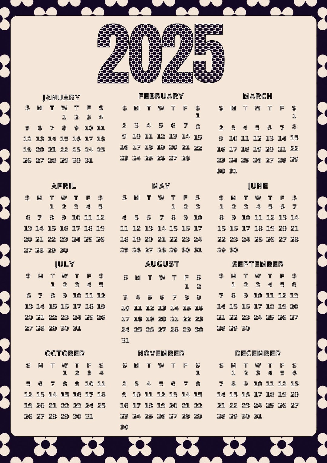 2025 Digital Download: 12-month Printable Calendar, Year at a Glance ...