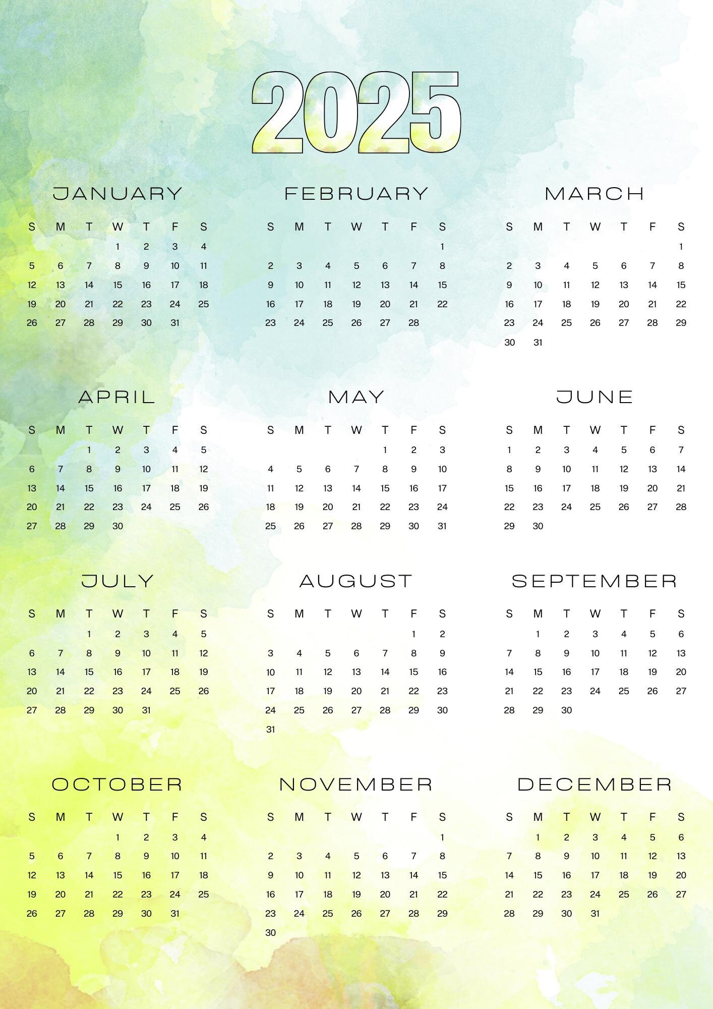 2025 Digital Download: 12-month Printable Calendar, Year at a Glance ...