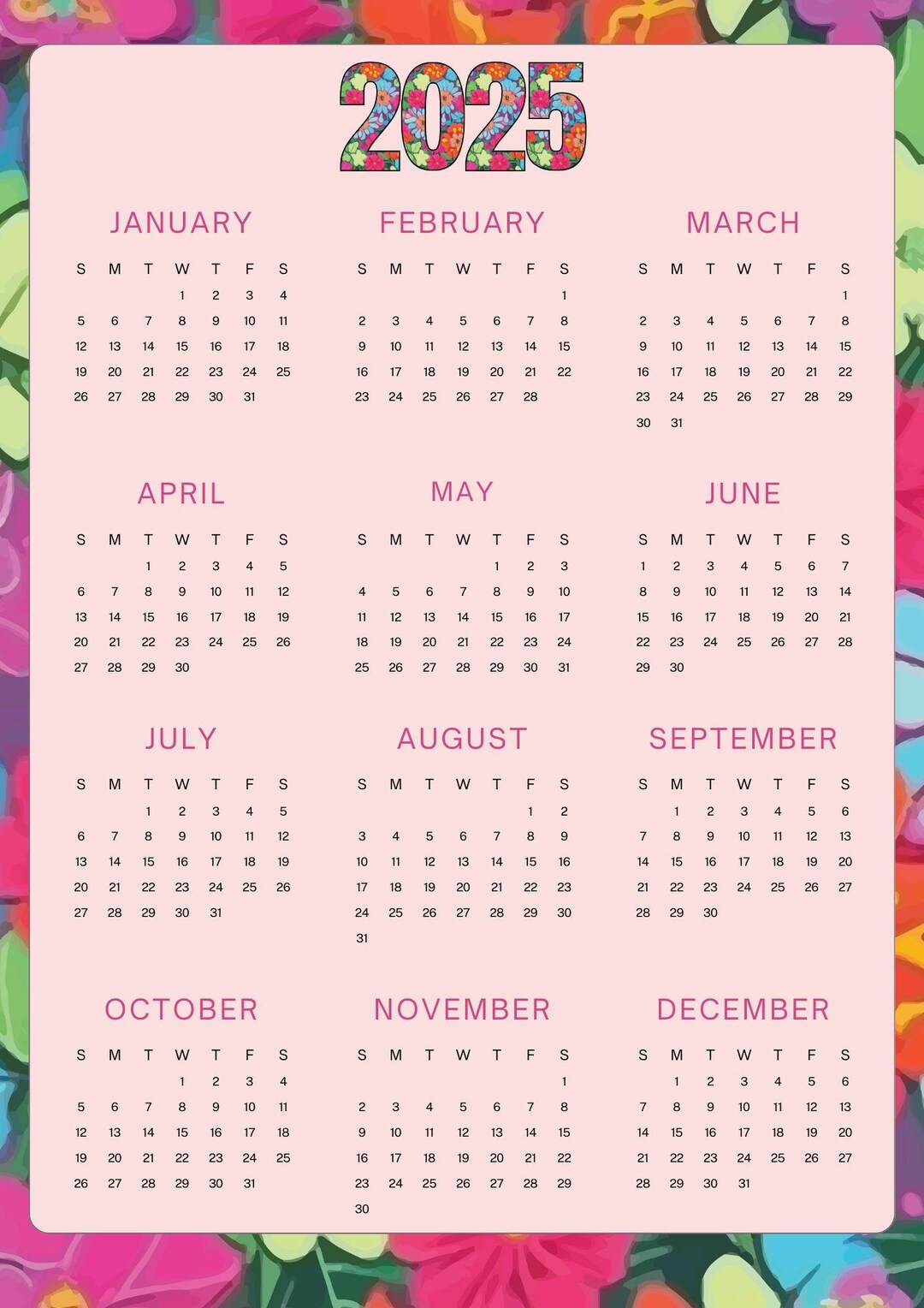 2025 Digital Download: 12-month Printable Calendar, Year at a Glance ...
