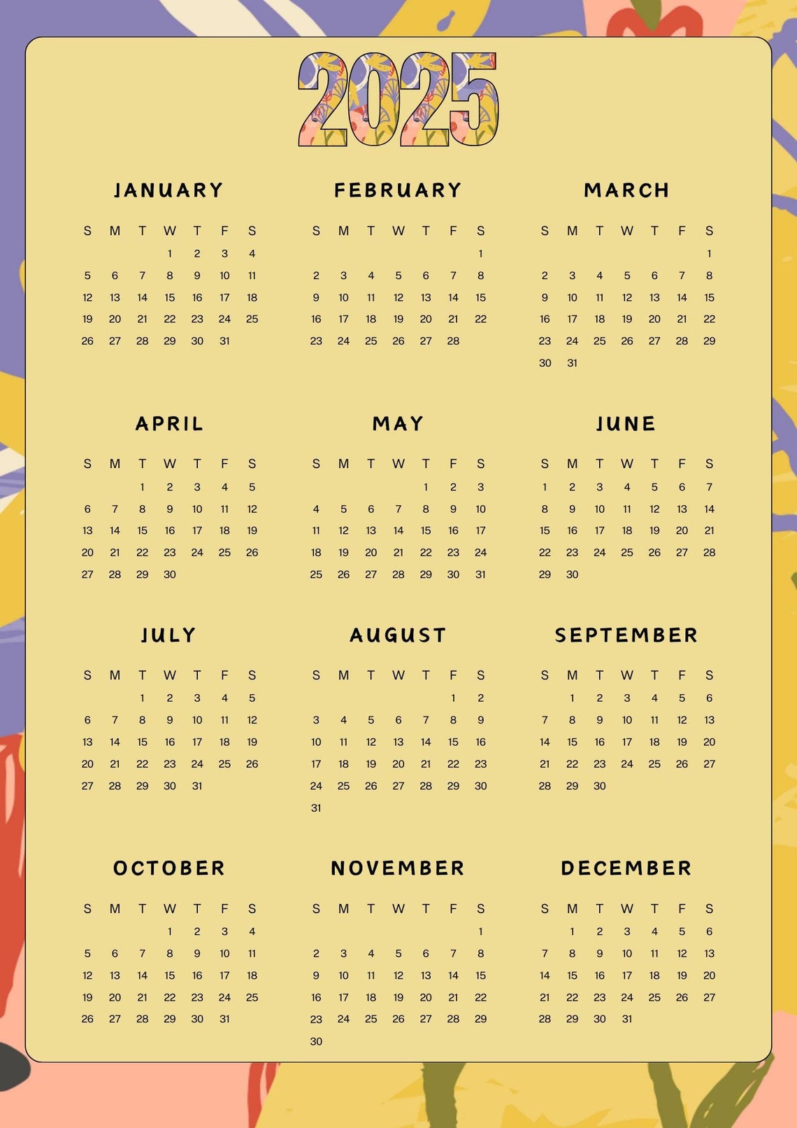 2025 Digital Download: 12-month Printable Calendar, Year at a Glance ...