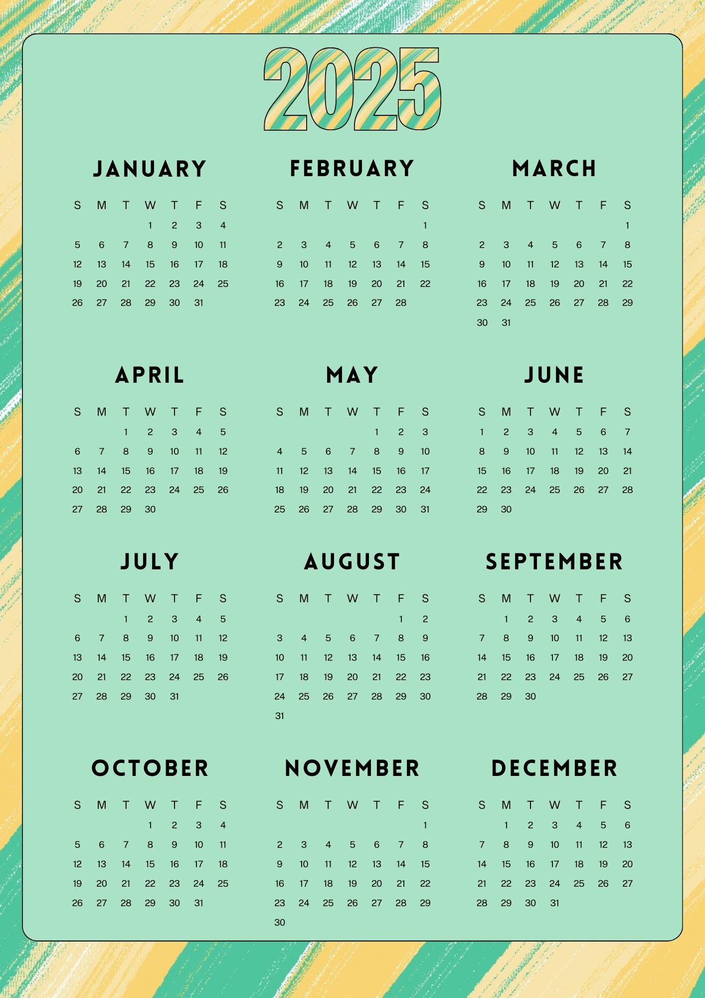 2025 Digital Download: 12-month Printable Calendar, Year at a Glance ...