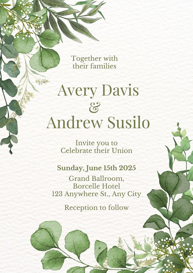 Editable Greenery Gold Wedding Invitation Template | Canva Instant ...