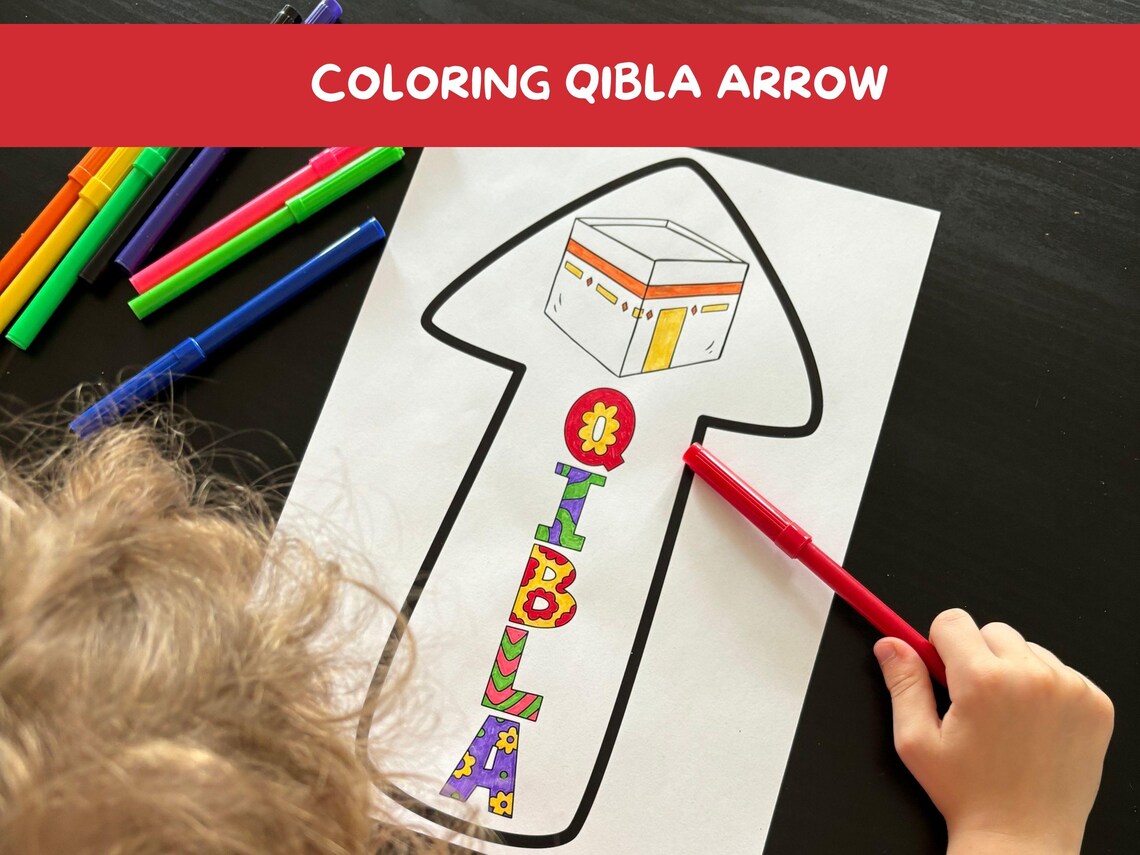 Coloring Qibla Arrow Muslim Kids Printable Prayer Direction Salah Kaaba ...