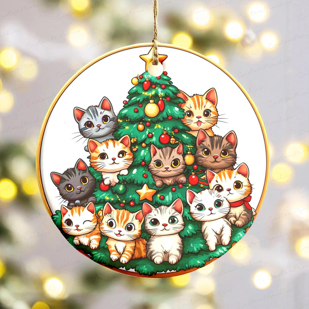 Cute Cat Christmas Tree Ornament, Cartoon Style Holiday Decor, Cat ...