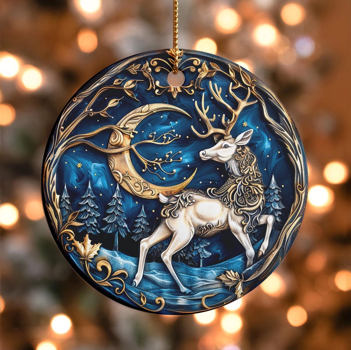 Moonlit Christmas Reindeer Ornament, Dark Sky-blue and Light Bronze ...