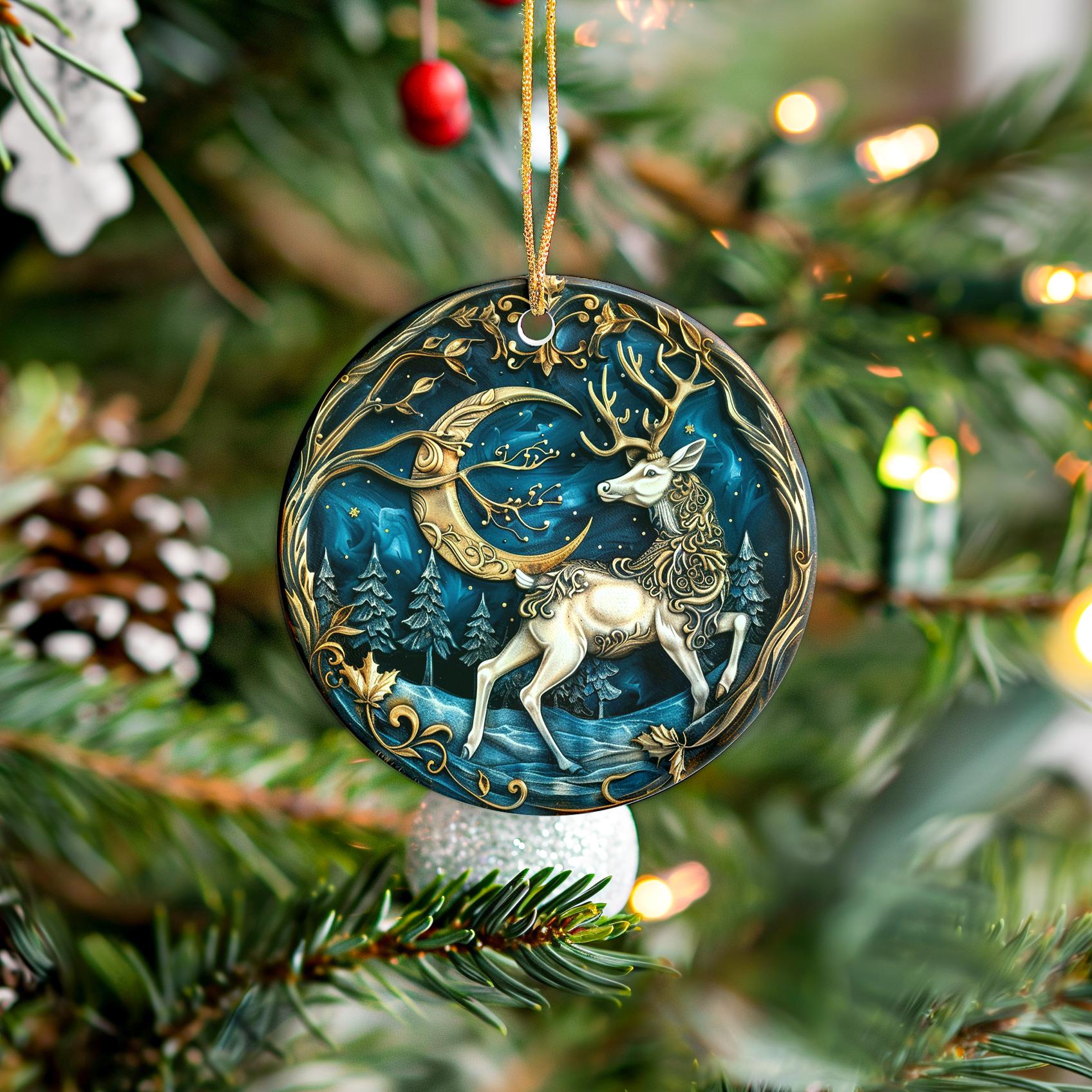 Moonlit Christmas Reindeer Ornament, Dark Sky-blue and Light Bronze ...