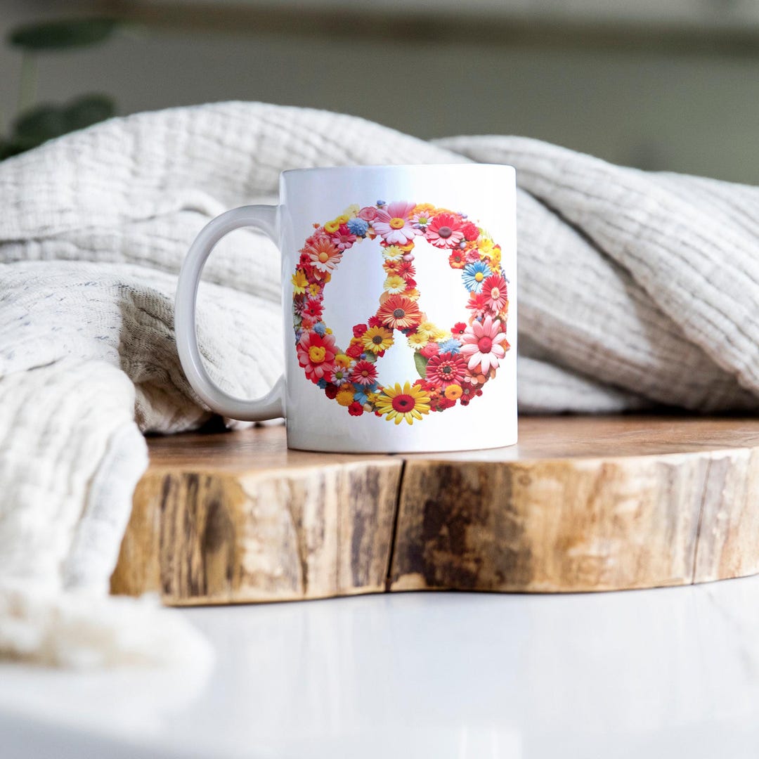 Flower Peace Symbol Mug, Floral Peace Sign Coffee Cup, Boho Chic Mug ...