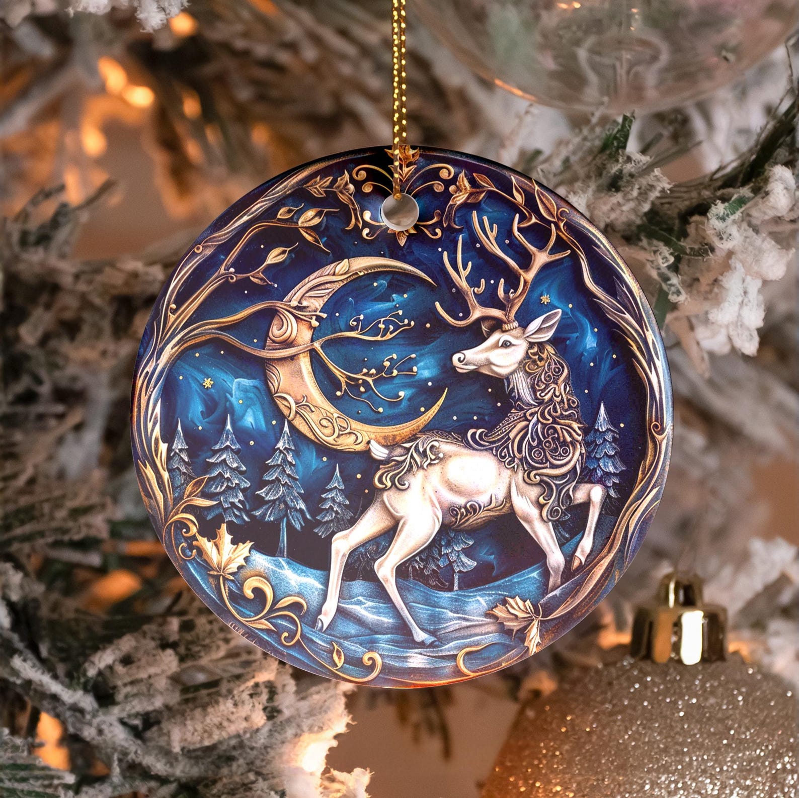 Moonlit Christmas Reindeer Ornament, Dark Sky-blue and Light Bronze ...