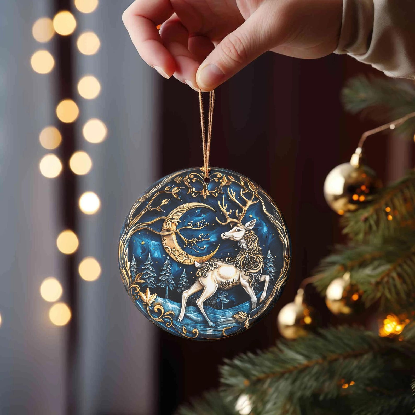 Moonlit Christmas Reindeer Ornament, Dark Sky-blue and Light Bronze ...