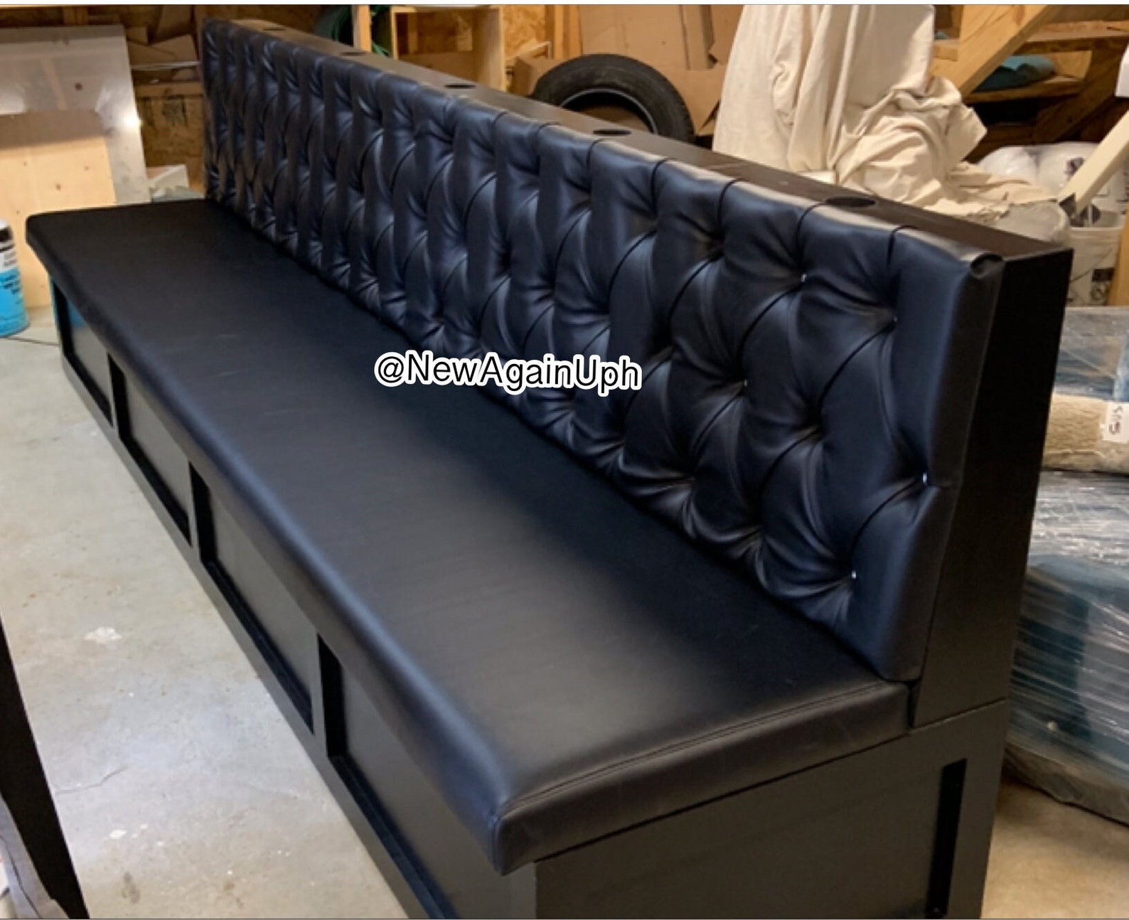 Custom Upholstered Tufted Bench Custom Black Faux Leather Bench Salon ...