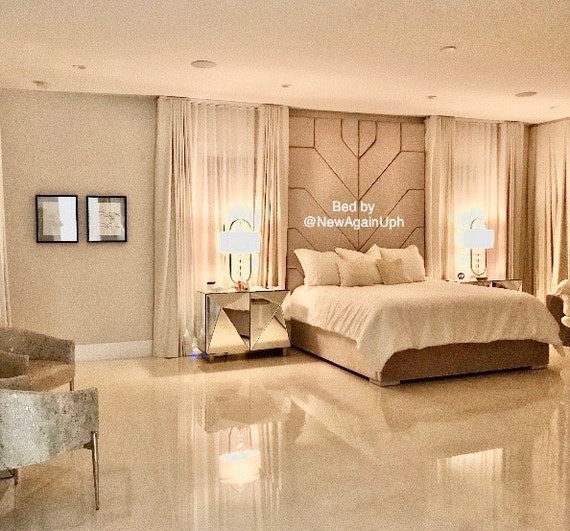 Tall Icy White Velvet King Size Upholstered Bed Tall Icy White Velvet Fabric Headboard King Size Bed Upholstered Etsy