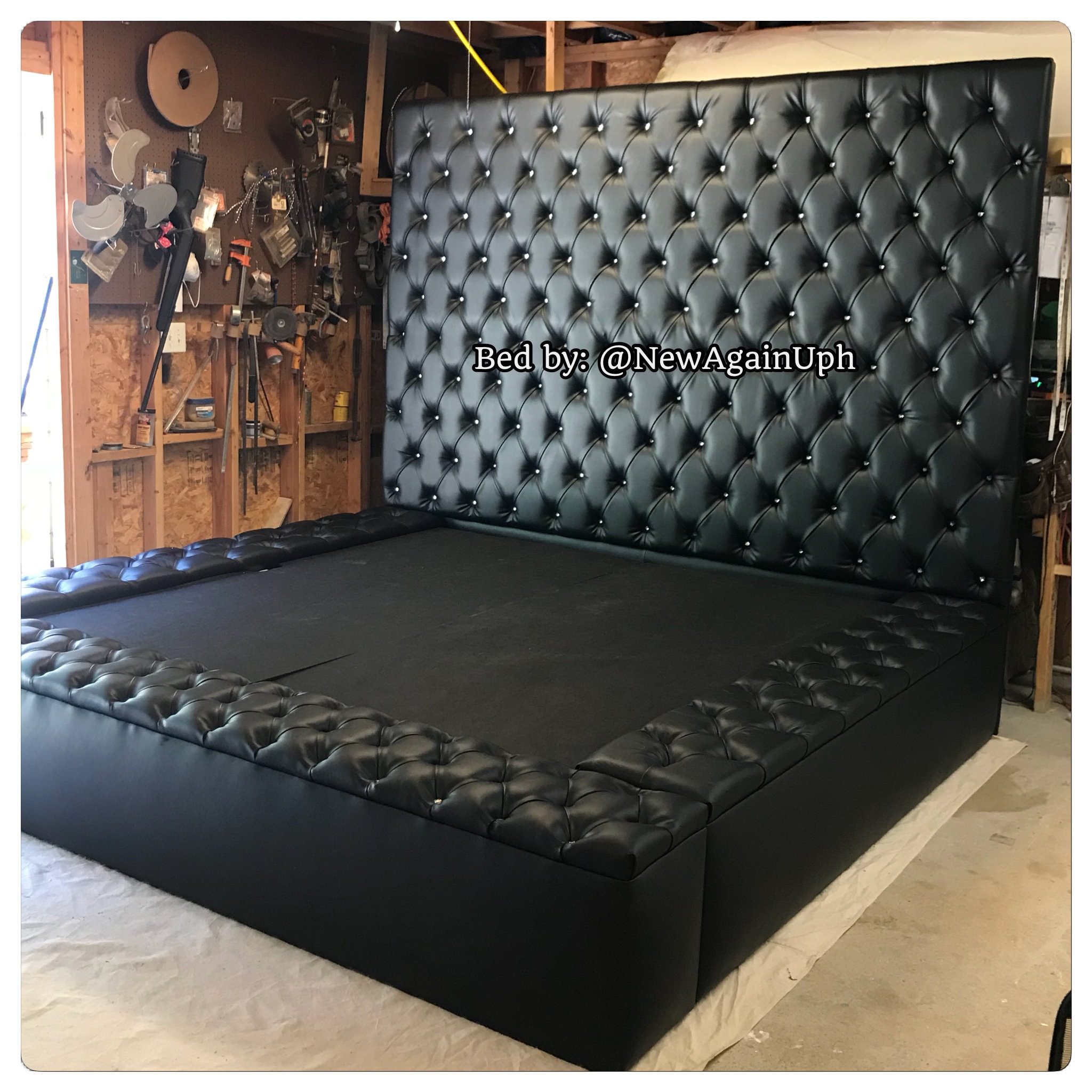 Black Faux Leather Tufted Bed King Size Tufted Bed Upholstered Bed Extra Tall Headboard Black Faux Leather King Bed Etsy UK