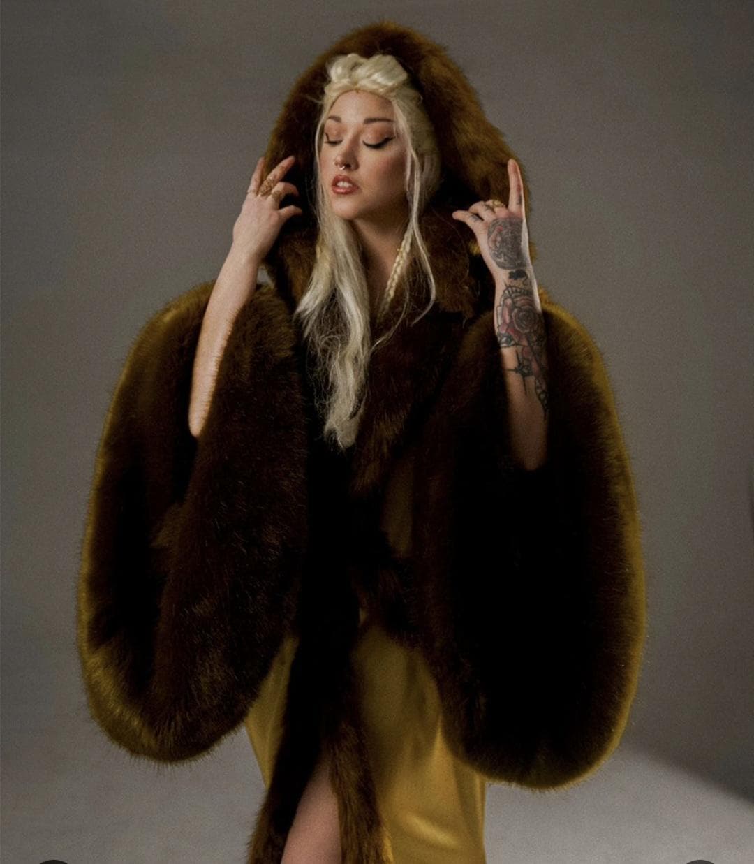 Golden Satin Midieval Inspired Robe With Faux Fur Details, Open ...