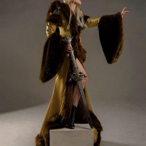 Golden Satin Midieval Inspired Robe With Faux Fur Details, Open ...