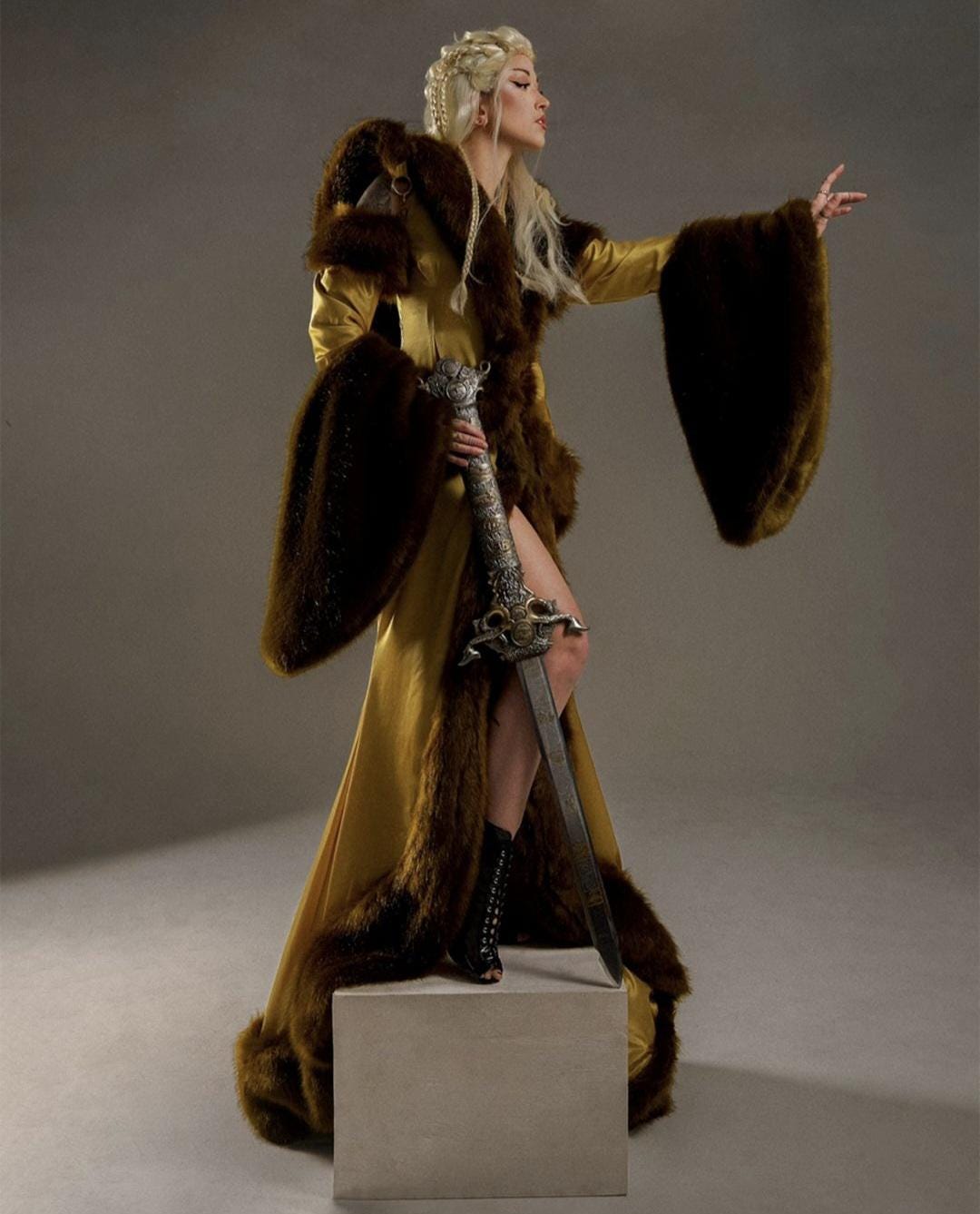 Golden Satin Midieval Inspired Robe With Faux Fur Details, Open ...