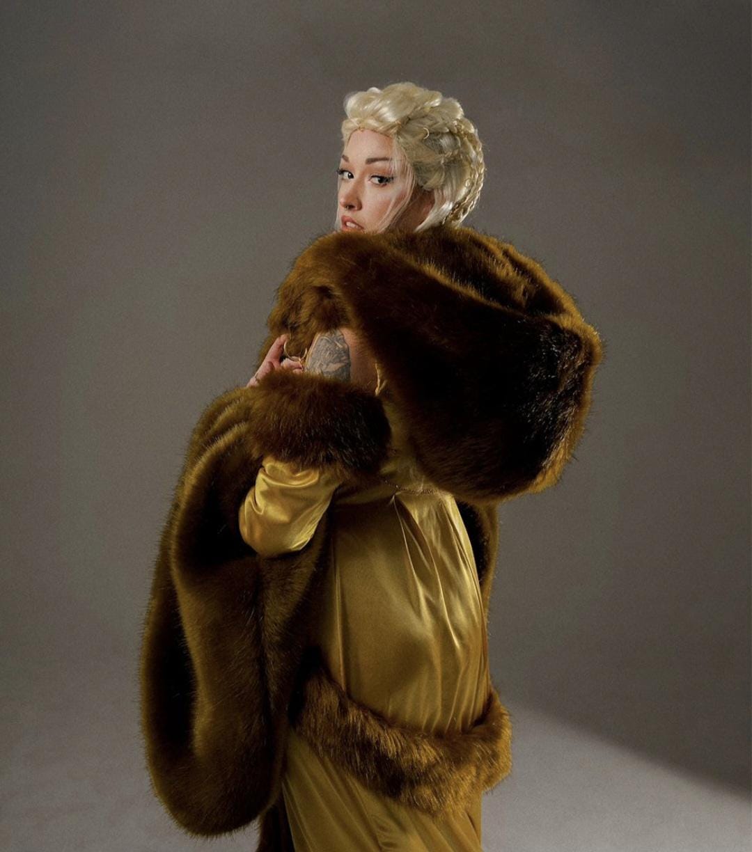 Golden Satin Midieval Inspired Robe With Faux Fur Details, Open ...