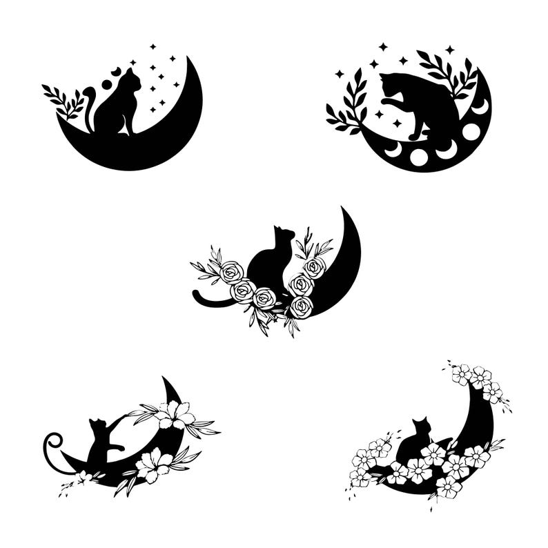 Cat and Moon Svg Bundle, Mystical Clipart for Cricut, Witchy Cat Vector ...