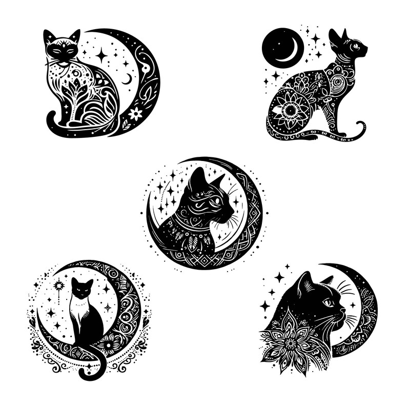 Cat and Moon Svg Bundle, Mystical Clipart for Cricut, Witchy Cat Vector ...