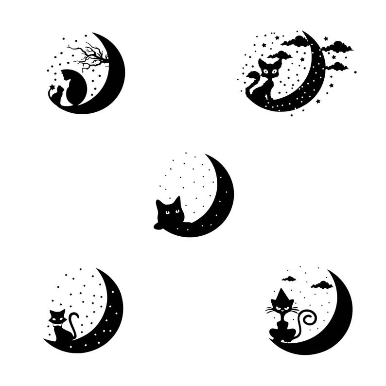 Cat and Moon Svg Bundle, Mystical Clipart for Cricut, Witchy Cat Vector ...