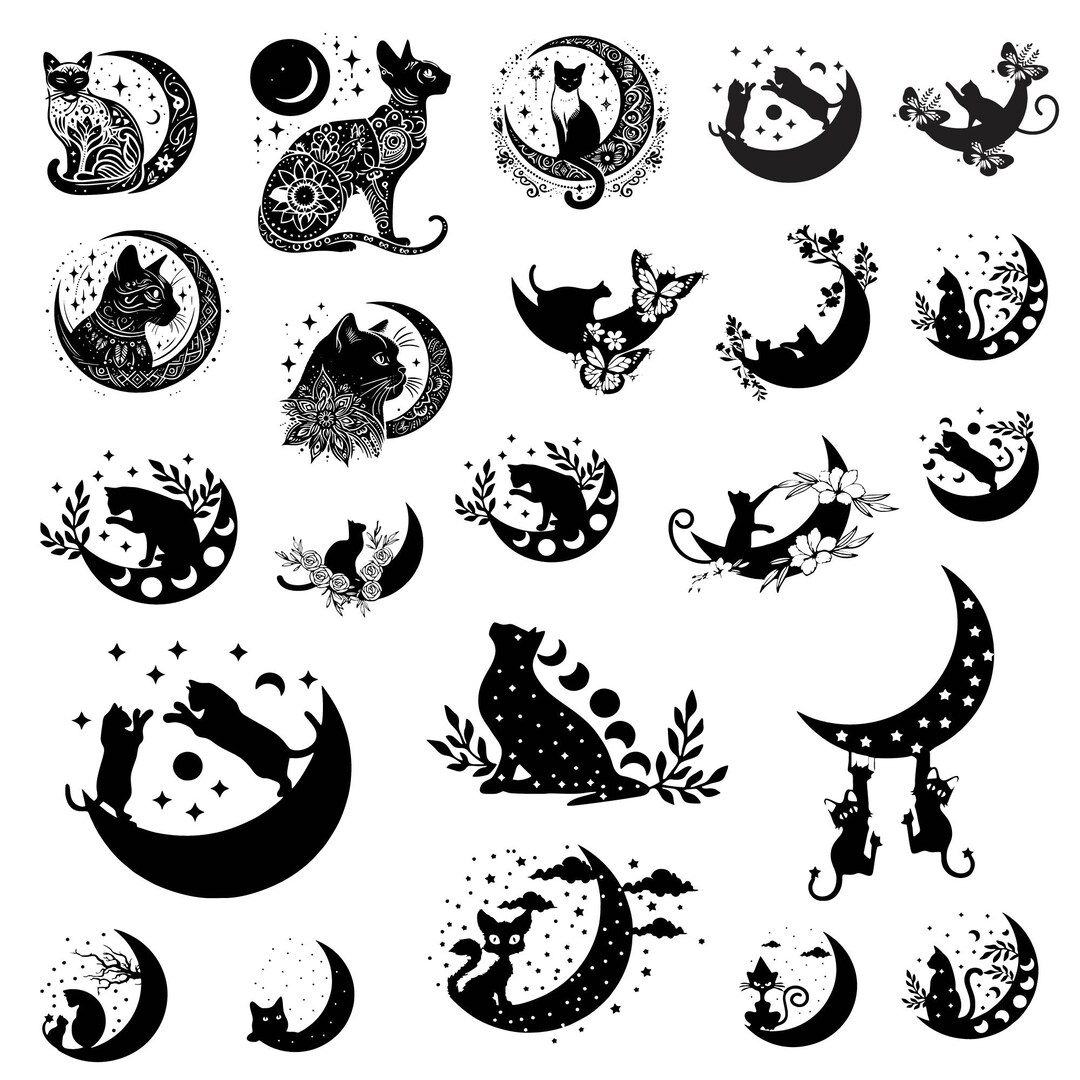 Cat and Moon Svg Bundle, Mystical Clipart for Cricut, Witchy Cat Vector ...