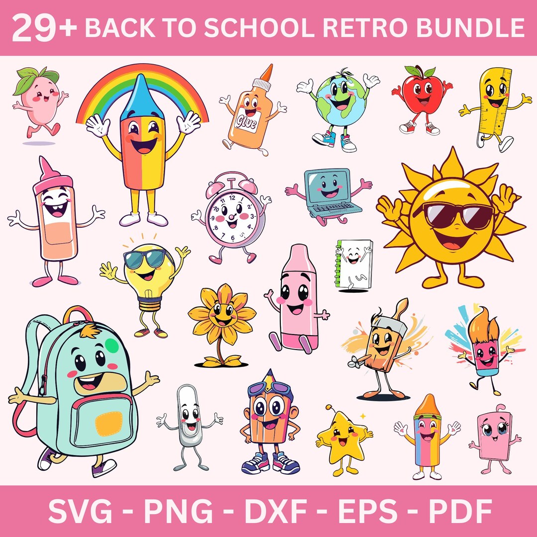 Back to School Retro Clipart Bundle, Positive Vibes Vector Set, School ...