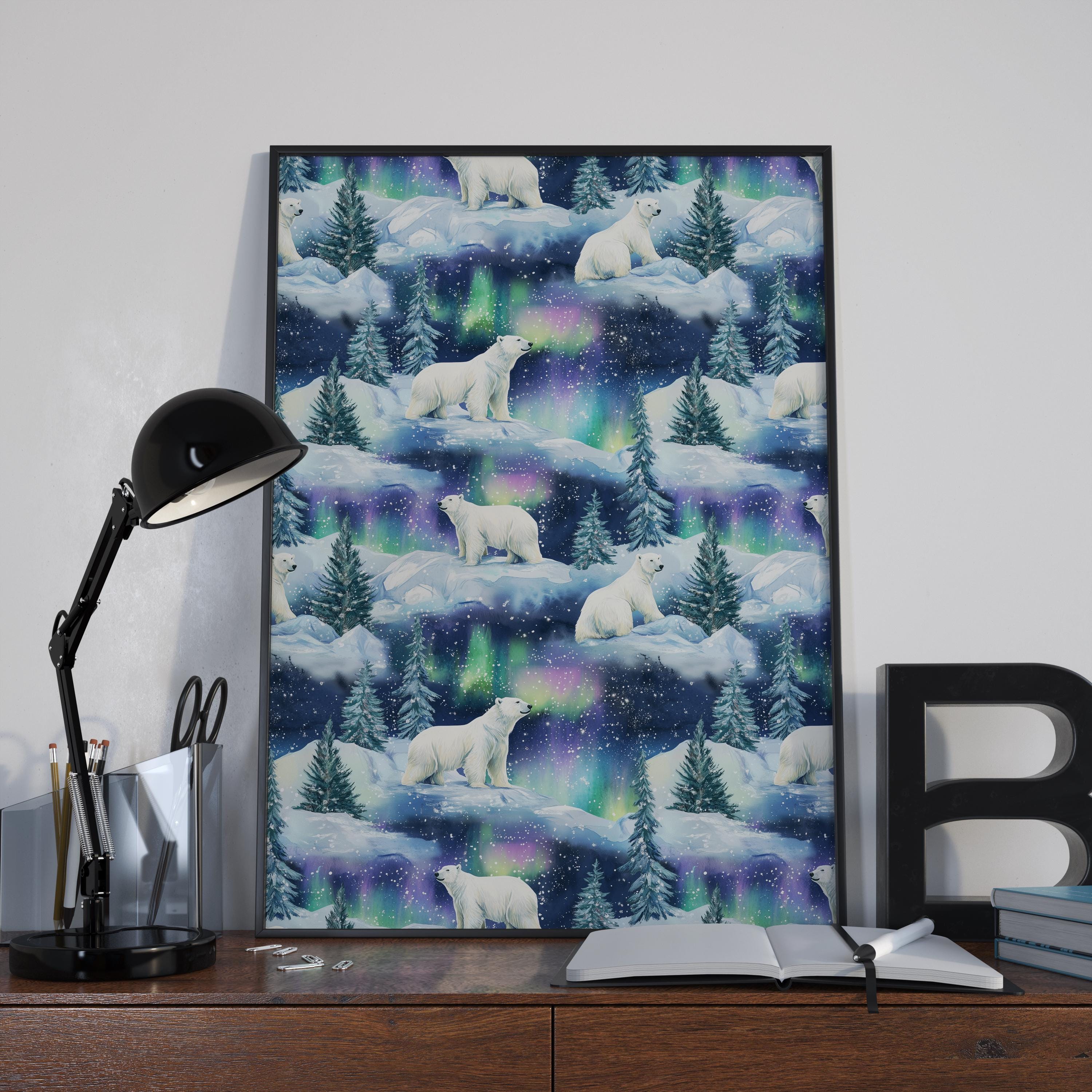 Aurora Polar Bear Winter Wonderland Seamless Pattern (digital Download ...