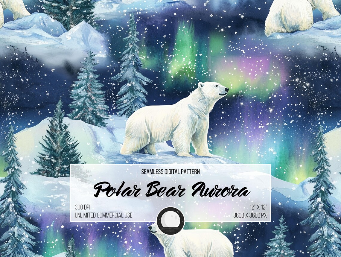 Aurora Polar Bear Winter Wonderland Seamless Pattern (digital Download ...