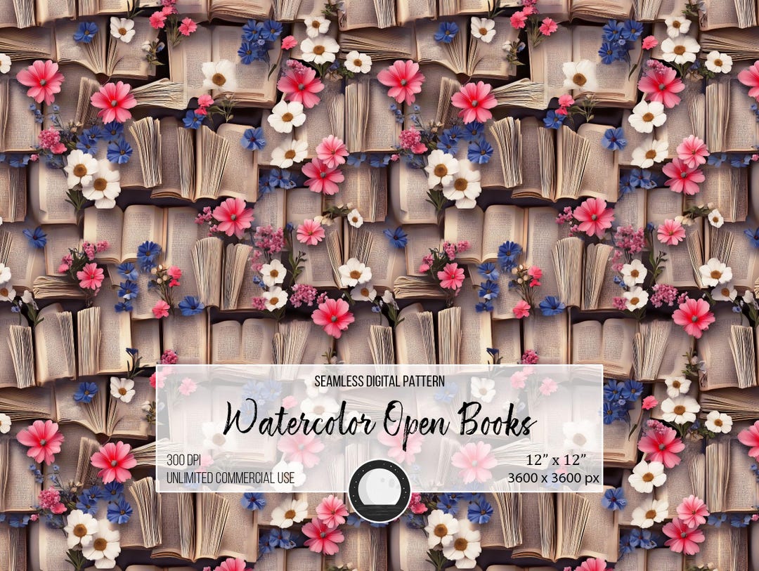 Watercolor Books Floral Pattern: Seamless Preppy Design (digital ...