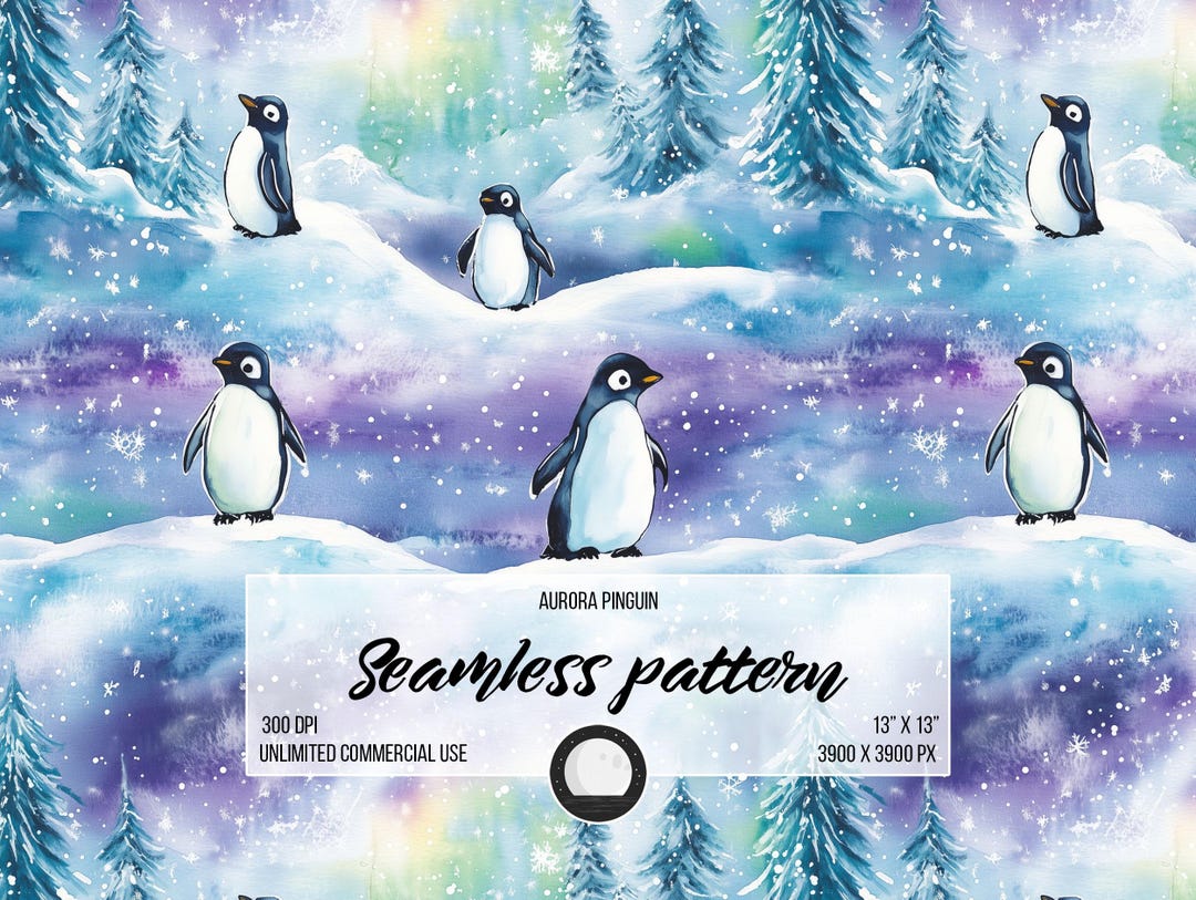 Aurora Penguin Winter Wonderland Digital Pattern Snowy Night, Northern ...