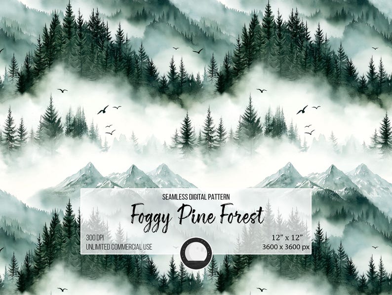 Foggy Pine Forest Watercolor Seamless Pattern Nature Digital Seamless ...