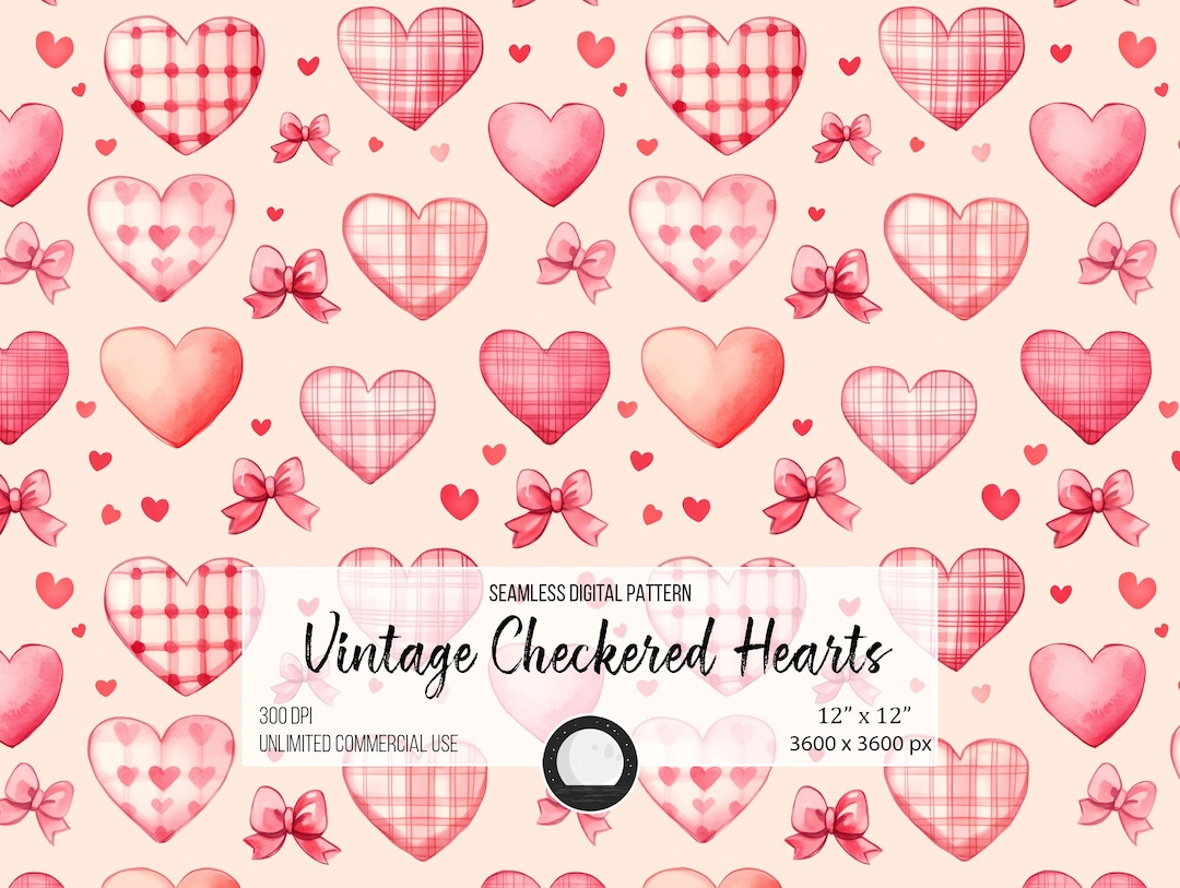 Romantic 80's Checkered Heart Pattern | Vintage Seamless Fabric ...