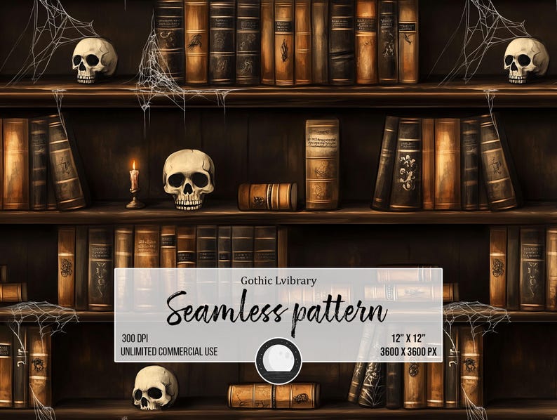 Gothic Library Seamless Pattern: Haunted Bookshelves & Skulls (digital ...