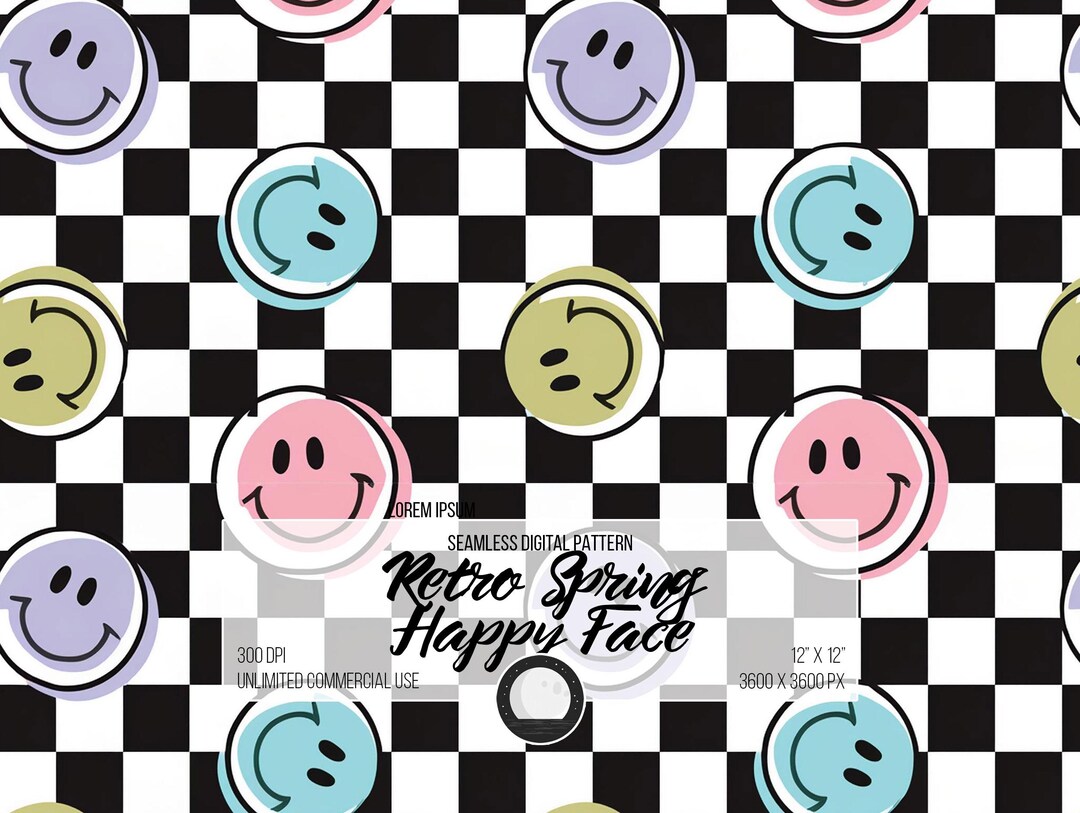 Retro Smiley Face Checkered Pattern Colorful 90s Digital Seamless Background Happy Face Pattern ...