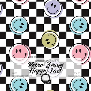 Retro Smiley Face Checkered Pattern: 90s Seamless Background (digital ...