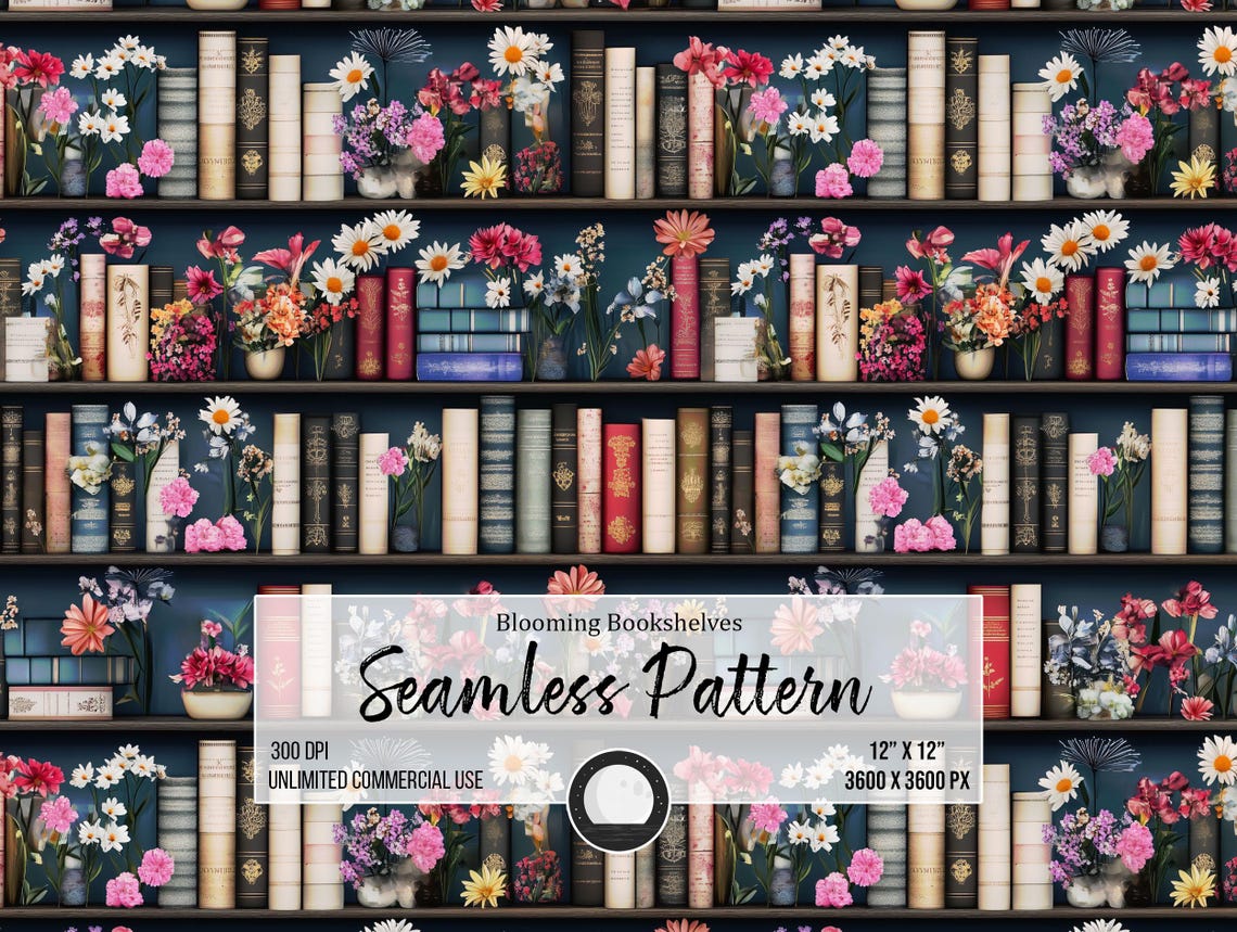 Blooming Bookshelves Seamless Pattern | Vintage Floral Library Design ...