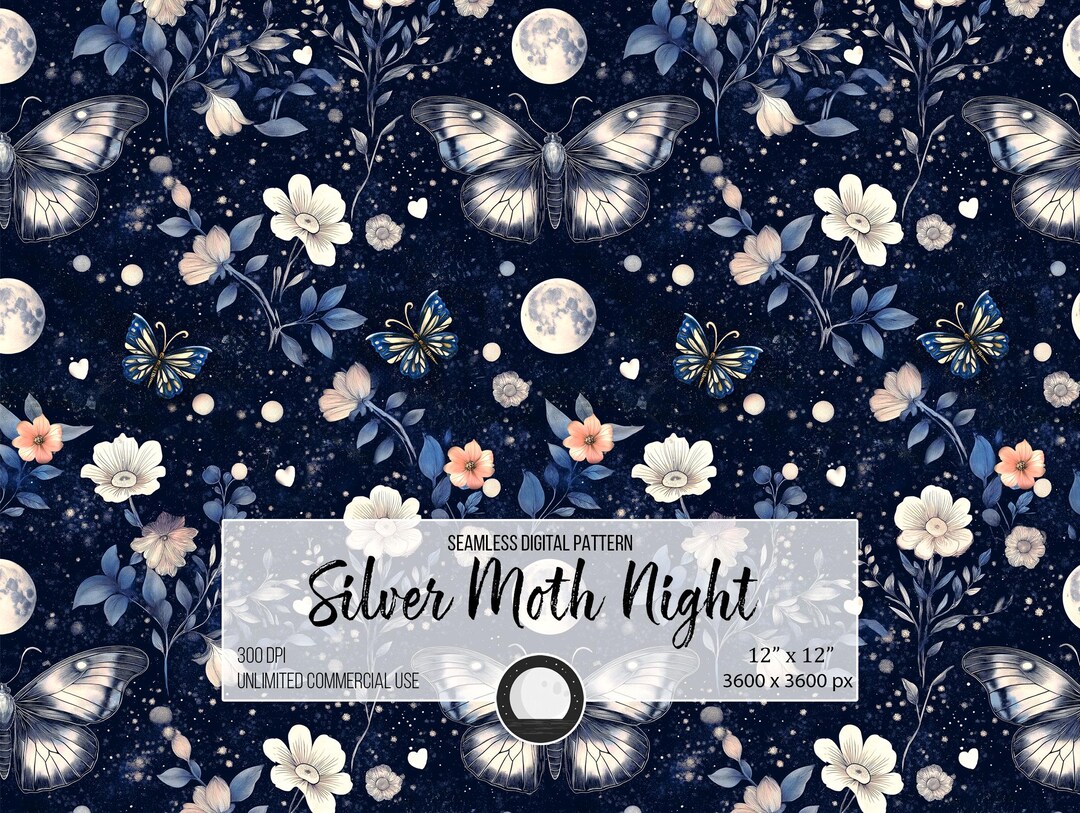 Blue Moth Moths & Moonlit Floral Witchy Seamless Pattern | Perfect for Gothic Decor, Fabrics ...