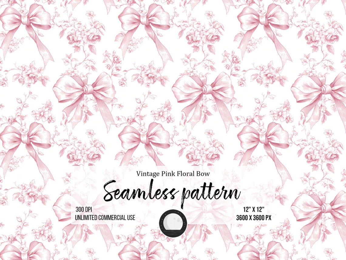 Pink Coquette Bow Seamless Pattern: Floral Toile Digital Paper (PNG SVG ...