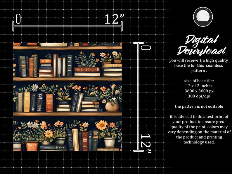 Library Wall Background Digital Seamless Pattern | Floral Bookshelf ...