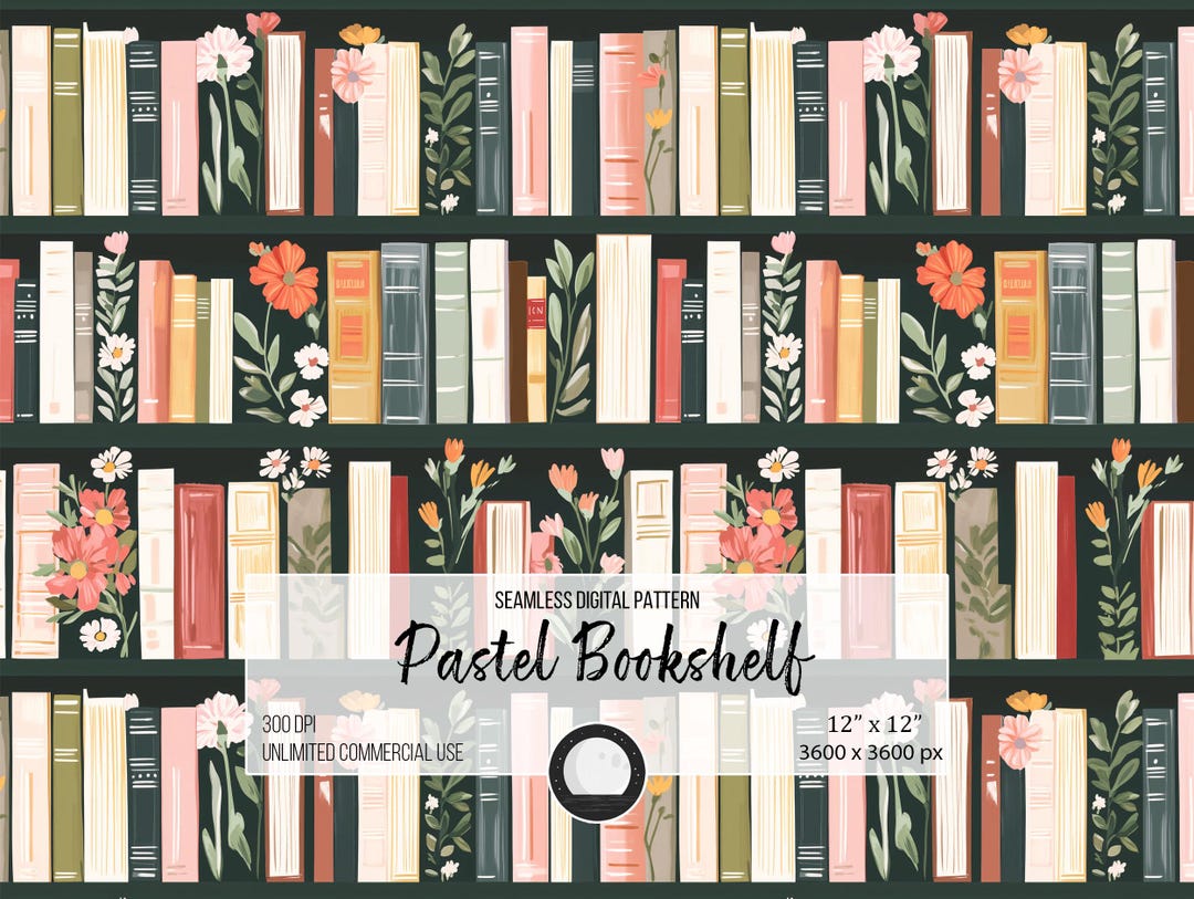 Pastel Bookshelf Seamless Pattern | Floral Bookshelf, Flowers and Books ...