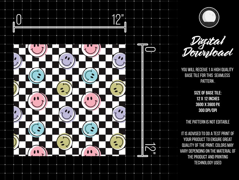 Retro Smiley Face Checkered Pattern Colorful 90s Digital Seamless ...