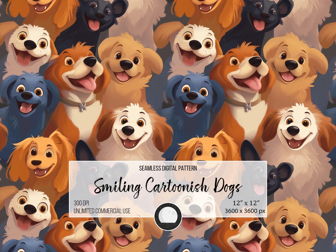 Smiling Cartoon Dogs Seamless Digital Pattern | Cute Puppy Print for ...