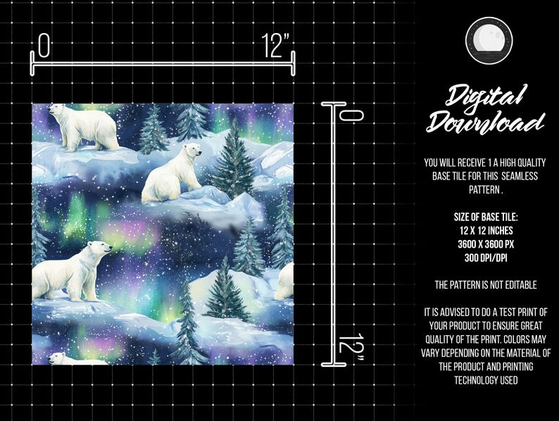 Aurora Polar Bear Winter Wonderland Seamless Pattern (digital Download ...