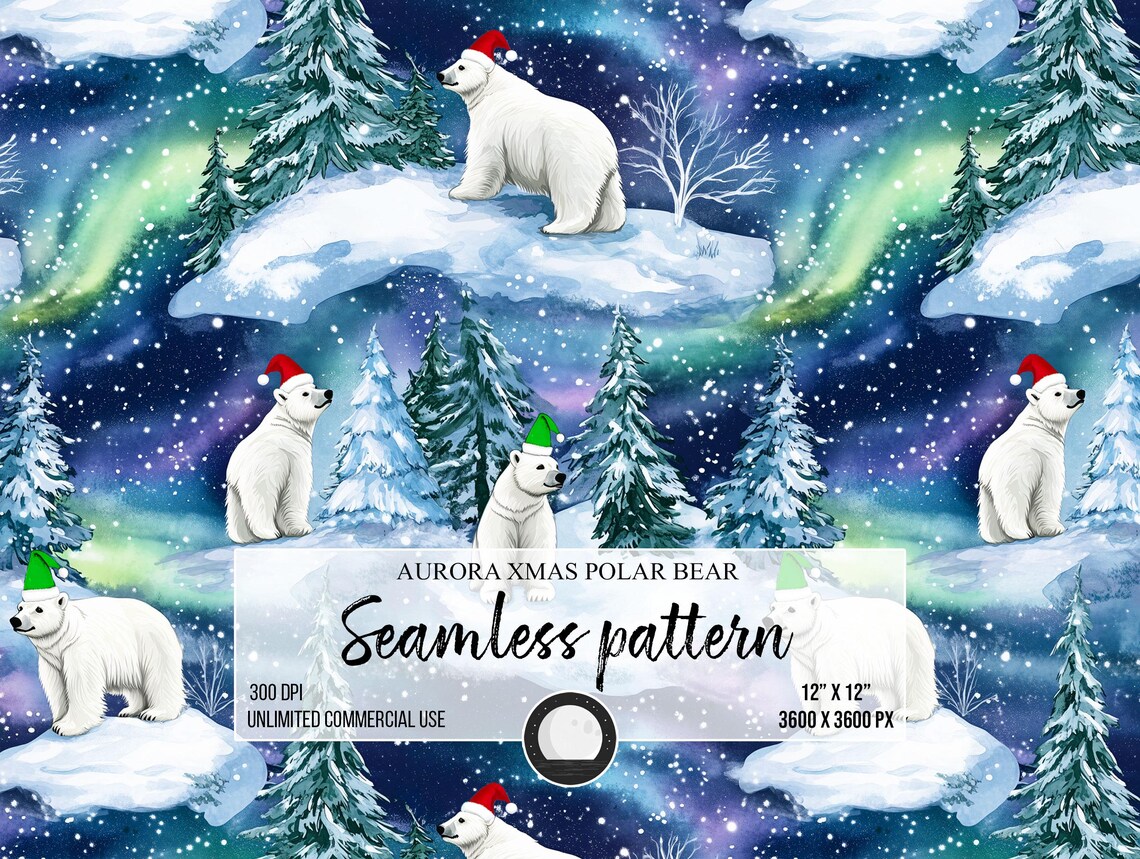 Aurora Xmas Polar Bear Winter Wonderland Digital Pattern | Snowy Night ...