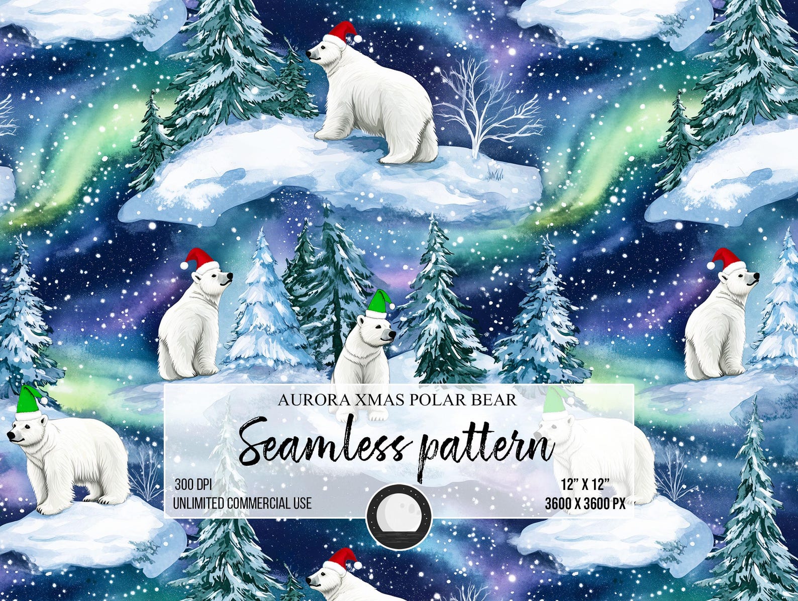 Aurora Xmas Polar Bear Winter Wonderland Digital Pattern | Snowy Night ...