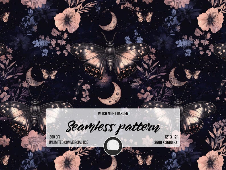 Witchy Moth Garden Seamless Pattern: Dark Floral Moon Design (digital ...