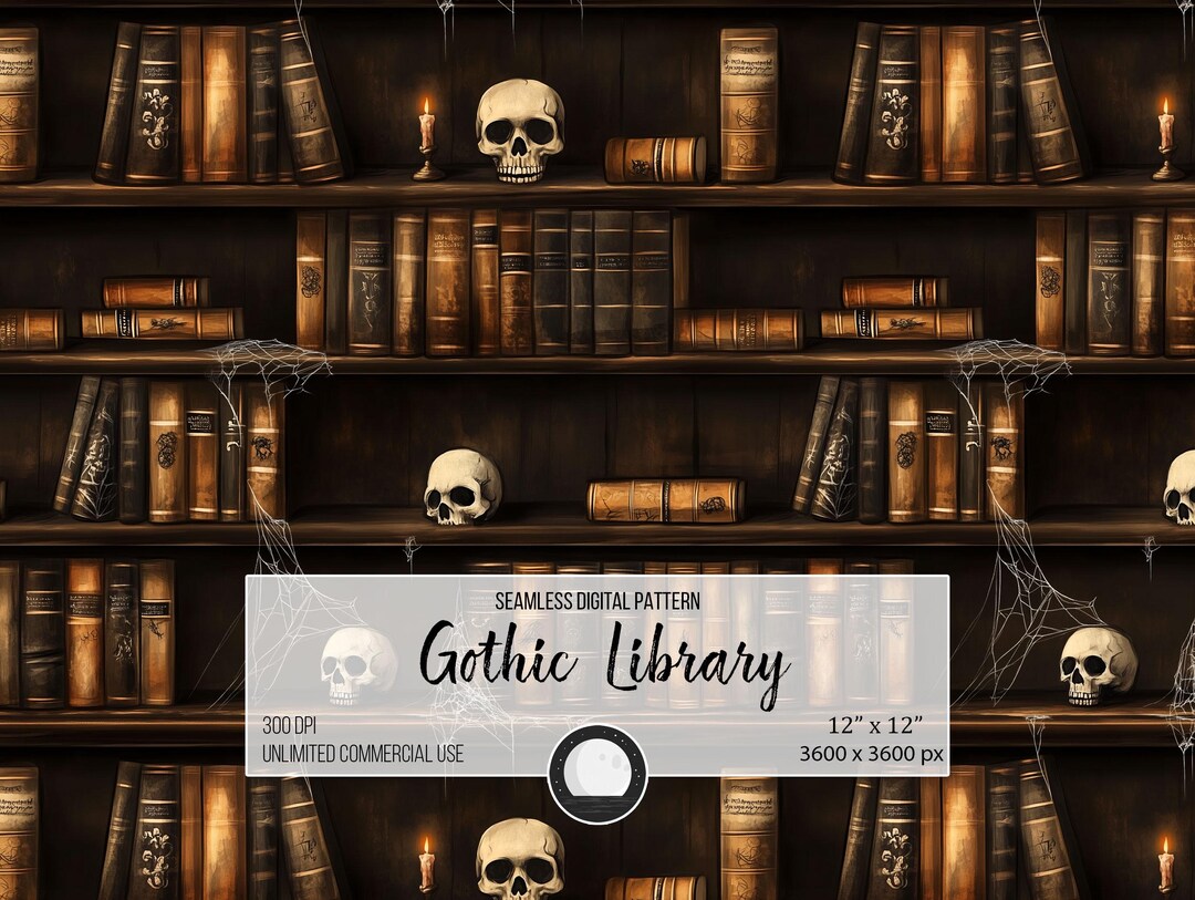 Dark Gothic Library Digital Seamless Pattern | Haunted Bookshelves ...