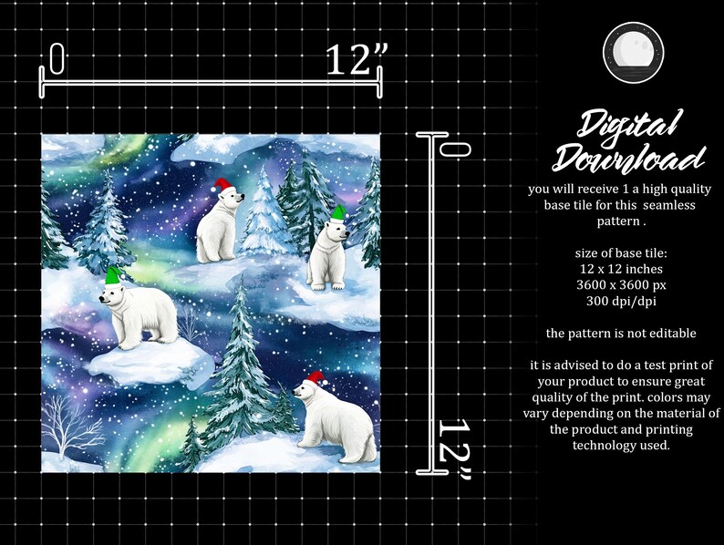 Aurora Xmas Polar Bear Winter Wonderland Digital Pattern | Snowy Night ...